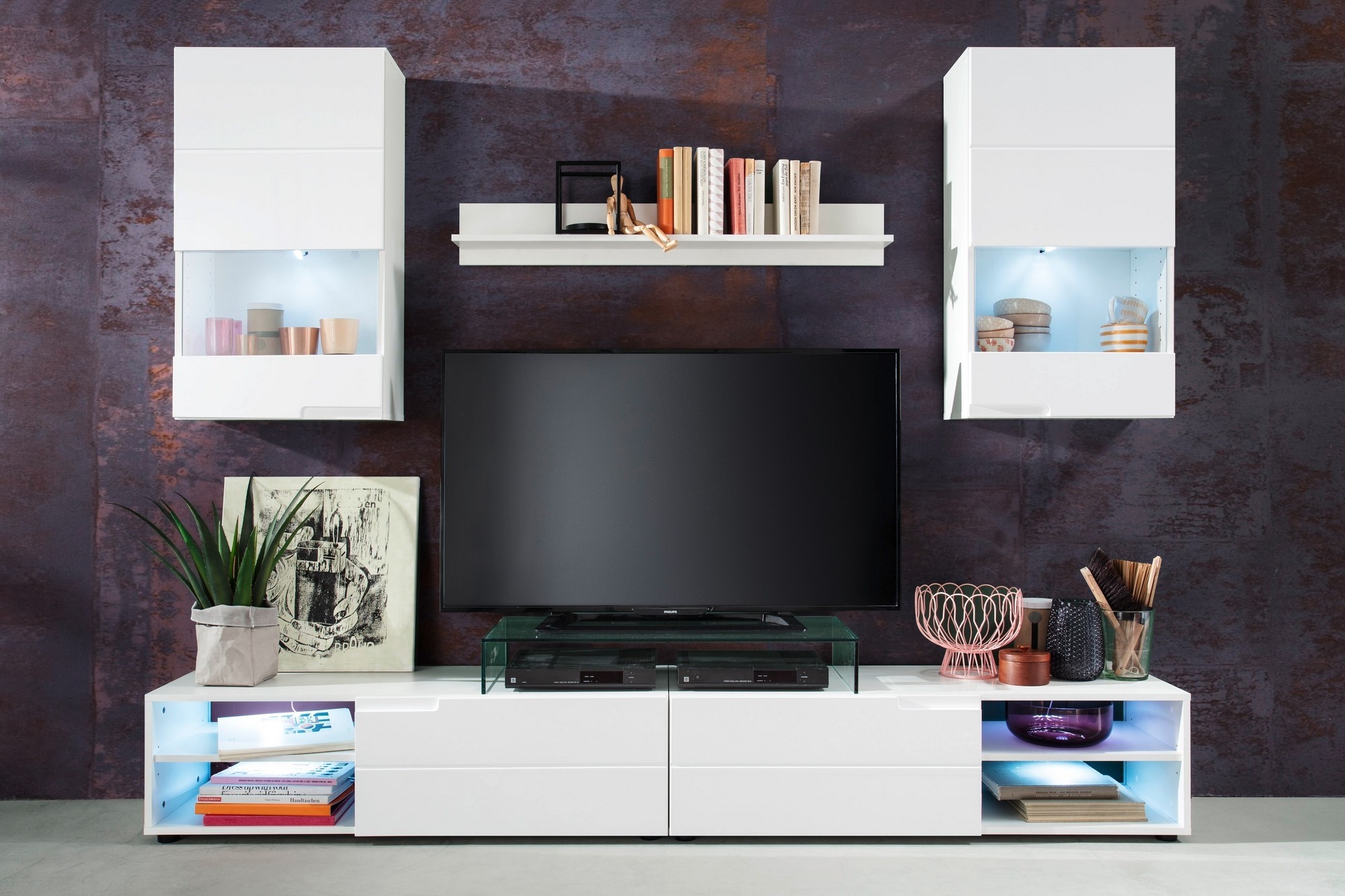 [ Conny.two ] - Wohnwand Weiß Hochglanz Newfurn