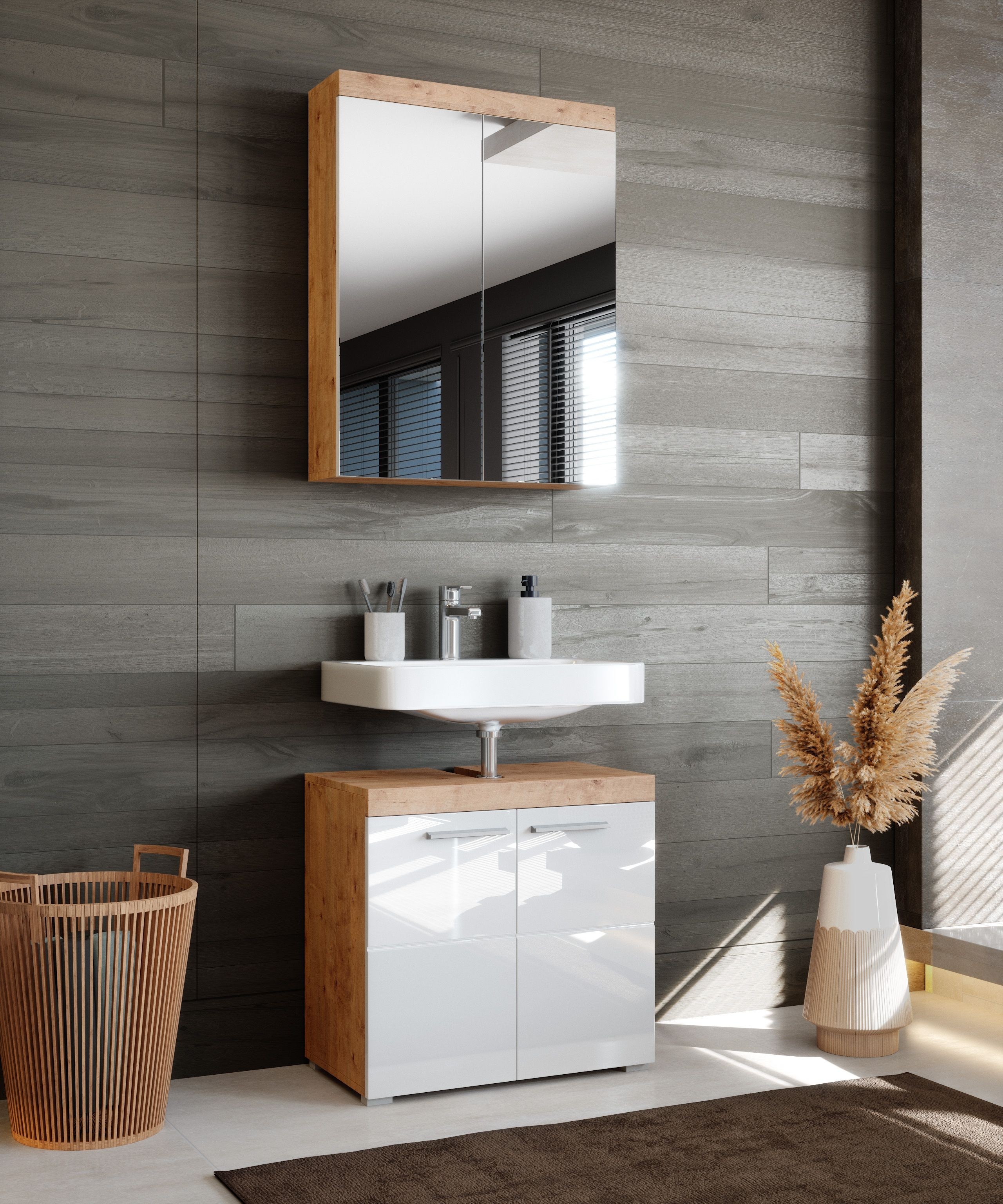 Badezimmer Set 3 Wildeiche Weiß Hochglanz Newfurn